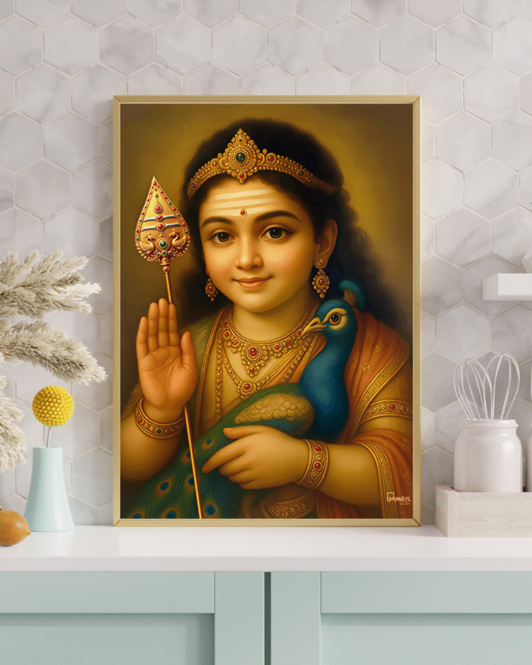 Divine Bala Murugan with Vel & Peacock Frame – nakshatraarts.com